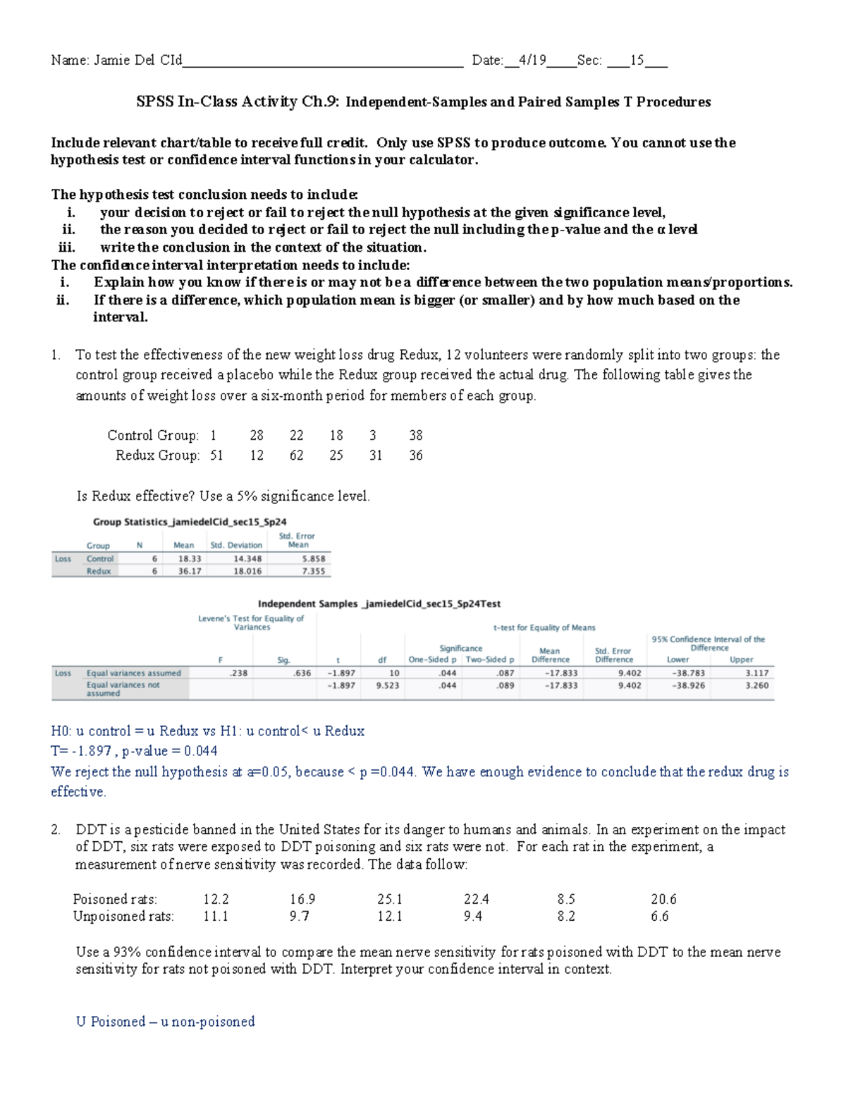 Completed SPSS Activity Ch 9 Independent-Samples and Paired Samples T ...