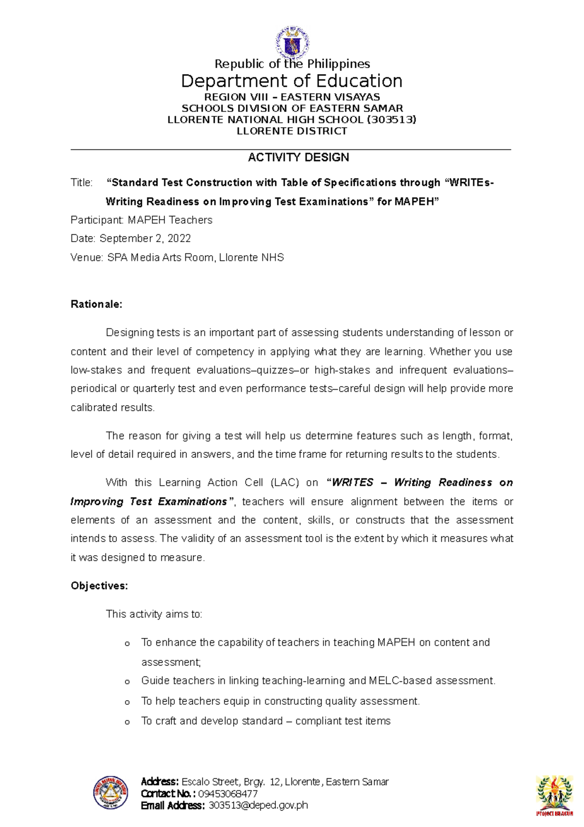 Activity Design- Writes - Republic of the Philippines Department of ...