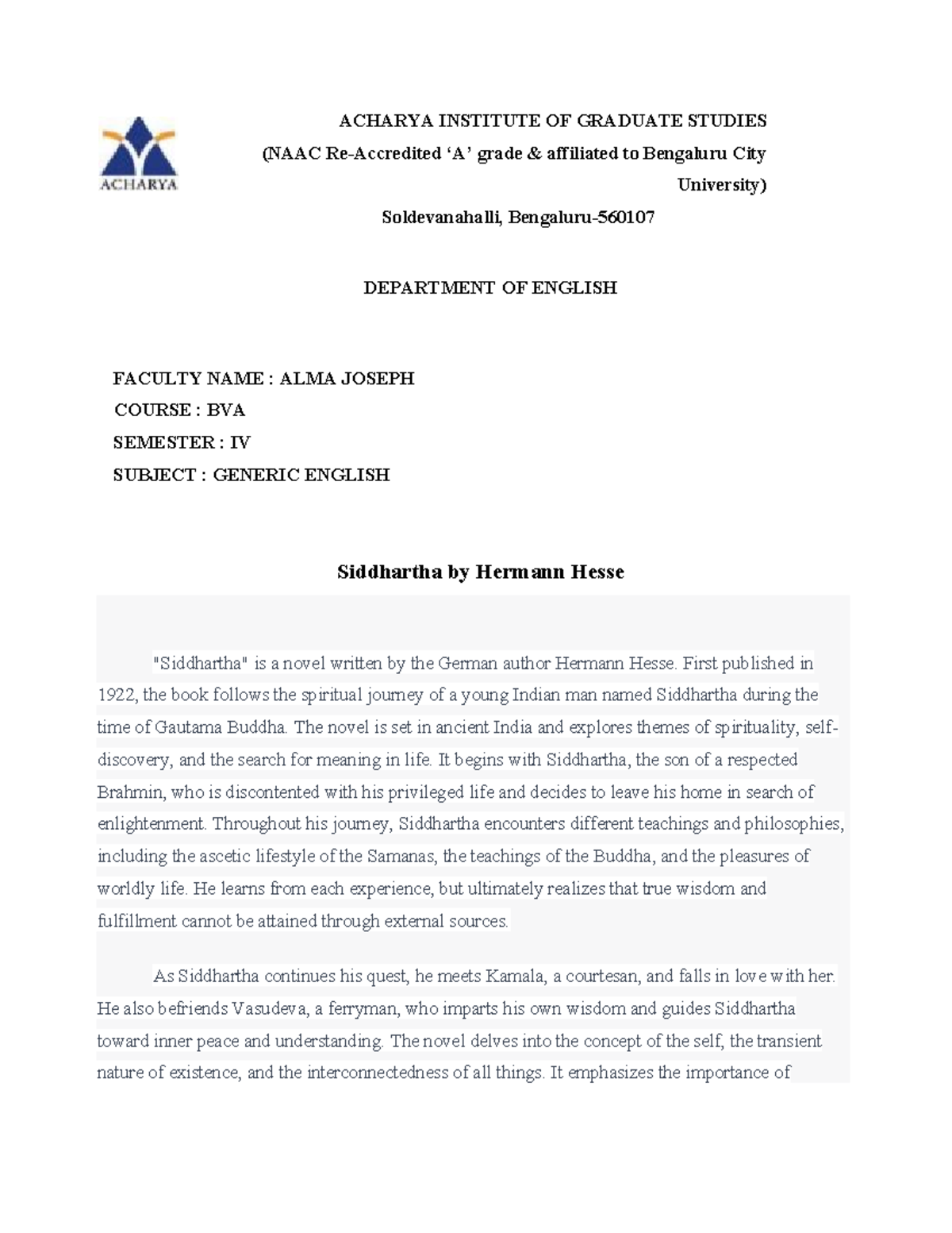 Module 1 Siddhartha by Hermann Hesse - ACHARYA INSTITUTE OF GRADUATE ...