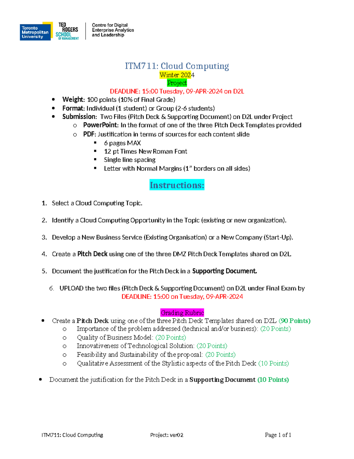 ITM711-Project-W2024-Instructions Grading Rubric-ver01 - ITM711: Cloud Computing Winter 202 4 ...