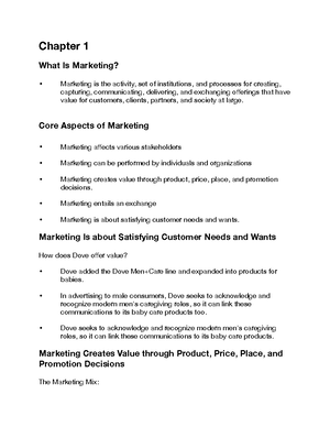 Marketing chapter 1 and 2 - Chapter 1 What Is Marketing? Marketing is ...