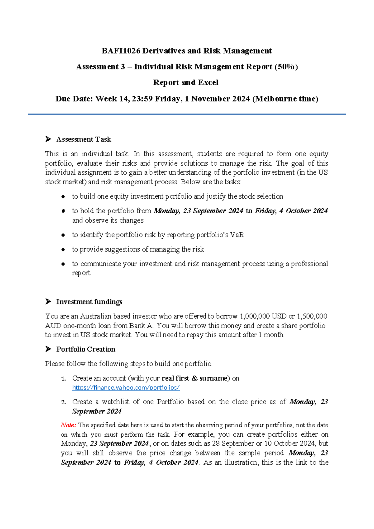 Assessment 3 - 2024S2 BAFI1026 - BAFI1026 Derivatives and Risk ...