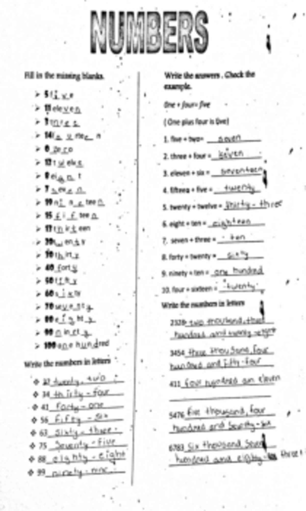 Numbers Homework - NUMBERS Fill in the missing blanks. Write the ...