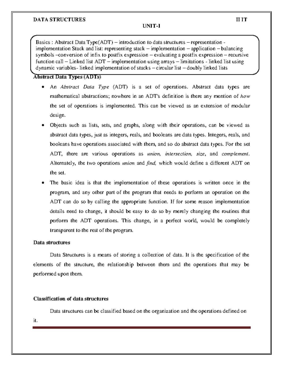 DS(U1) - Unit 1 notes - Basics : Abstract Data Type(ADT) – introduction ...