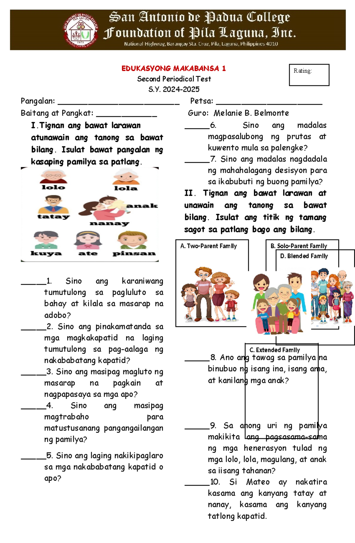 Grade 1 makabansa Periodical Exam 2024-2025 new - EDUKASYONG MAKABANSA ...