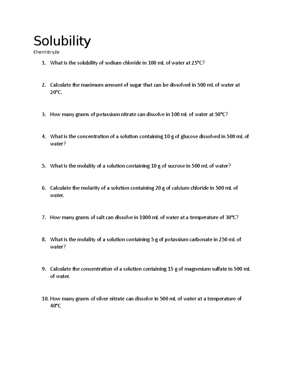 Solubility - self-made worksheet for chemistry 1 - Solubility Chemistry2e What is the solubility ...