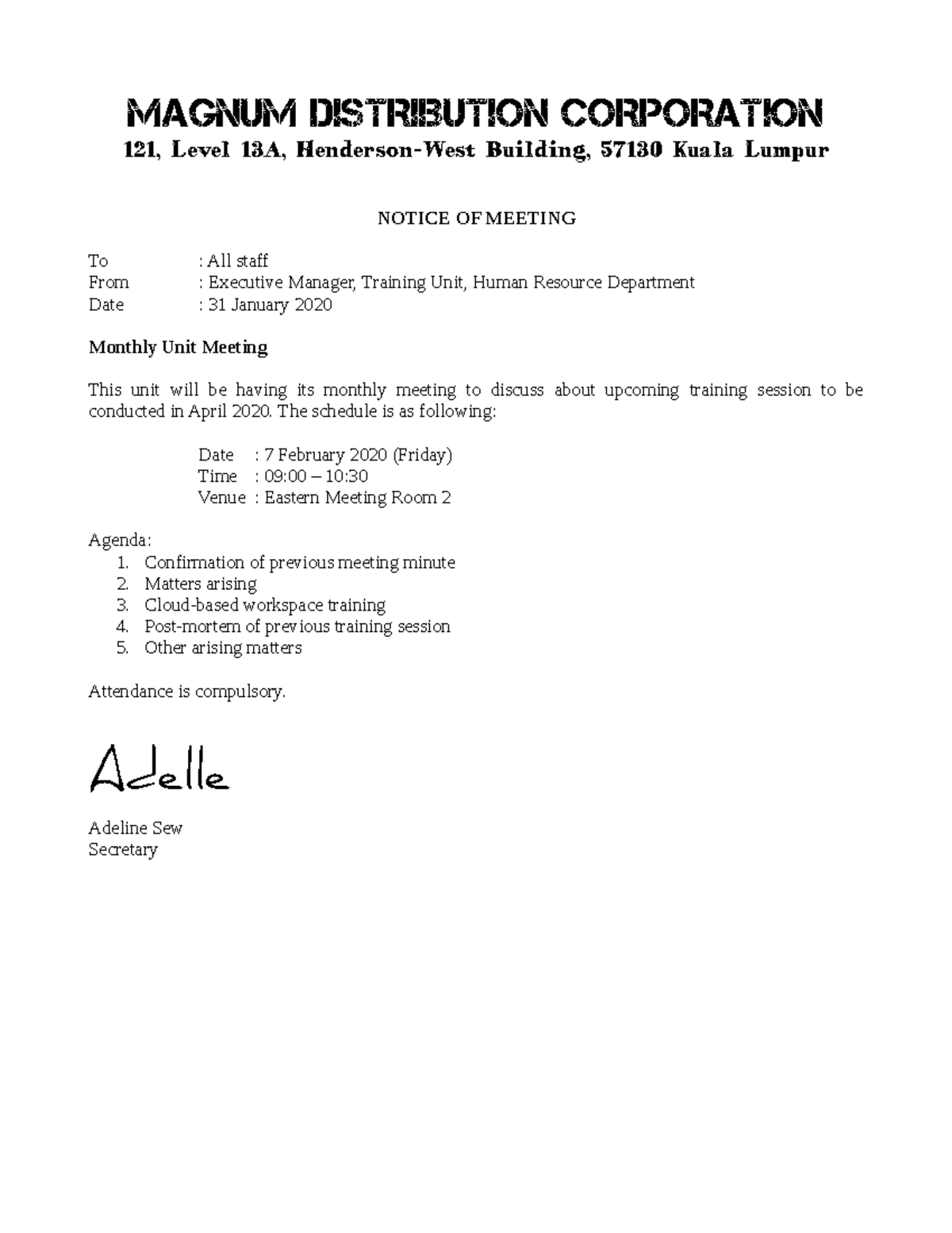 Sample Meeting Notice - MAGNUM DISTRIBUTION CORPORATION 121, Level 13A ...
