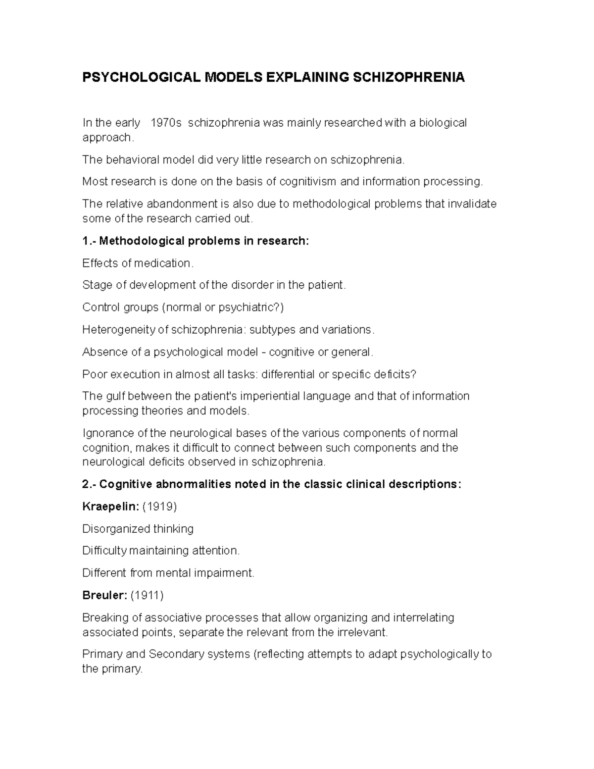 Psychological models explaining schizophrenia - PSYCHOLOGICAL MODELS ...