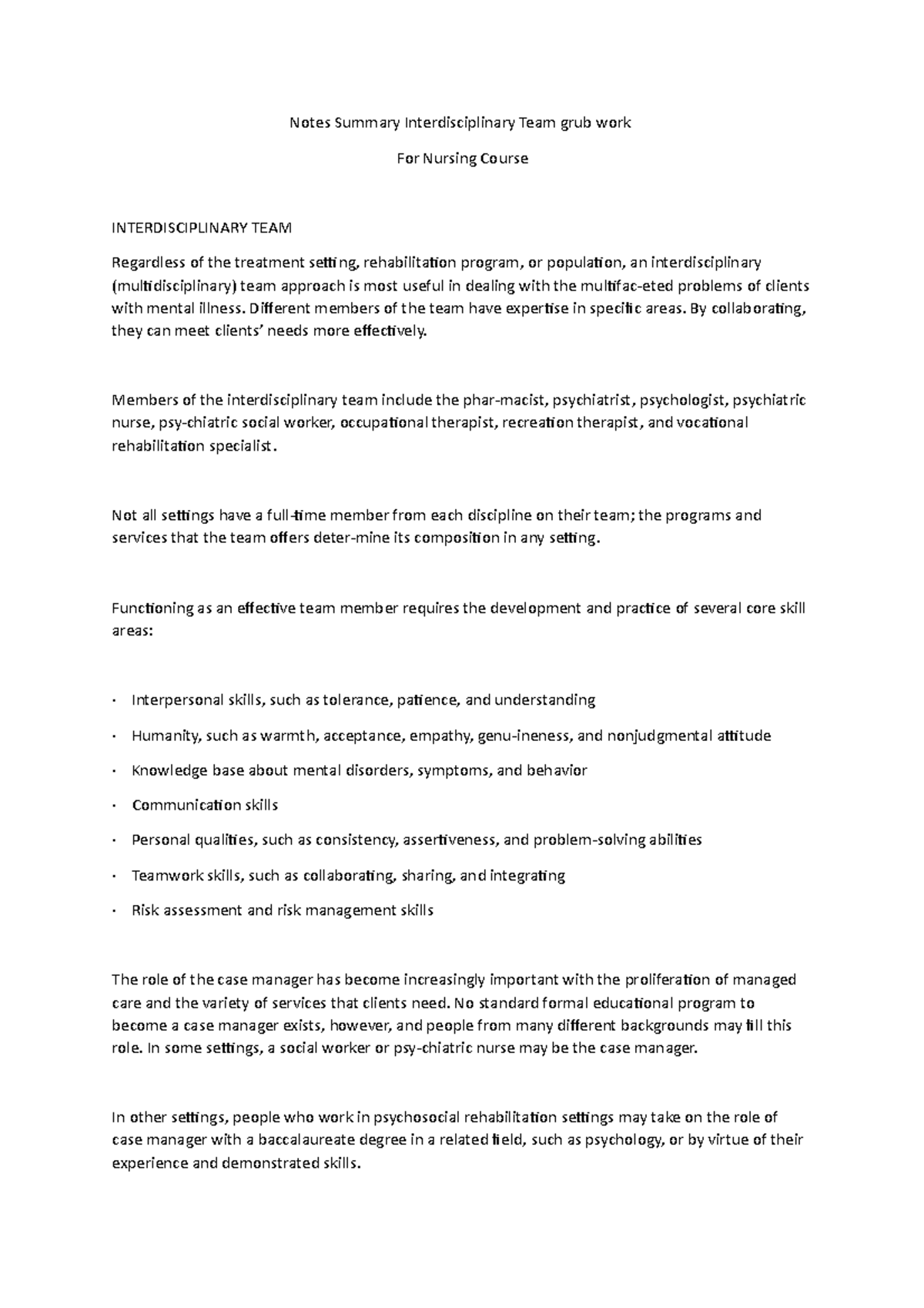 Notes Summary Interdisciplinary Team grub work For Nursing Course ...