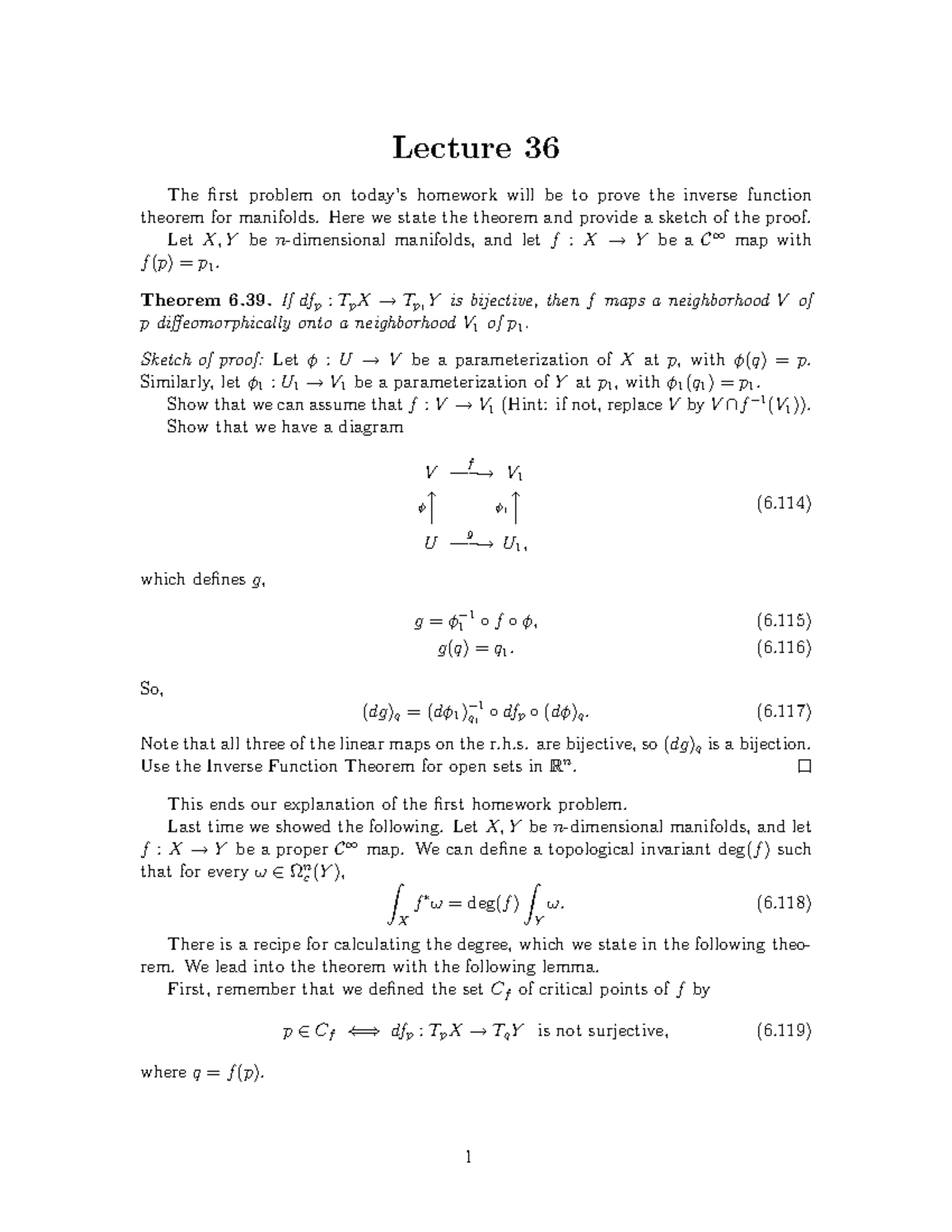 Degree on Manifolds (cont.), Hopf Theorem - ∫ ∫ Lecture 36 The first ...