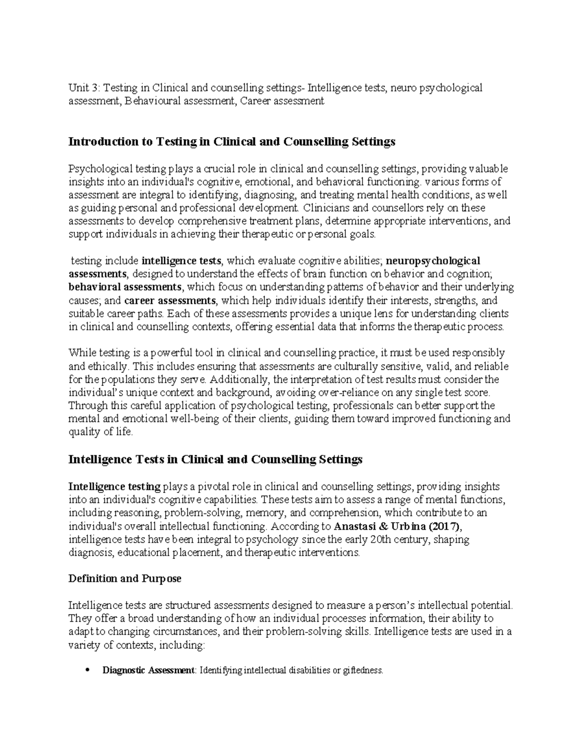 psychometry notes - Unit 3: Testing in Clinical and counselling ...