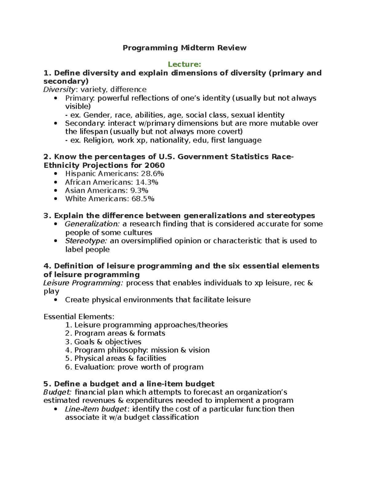 Programming Midterm Review - Programming Midterm Review Lecture: Define ...