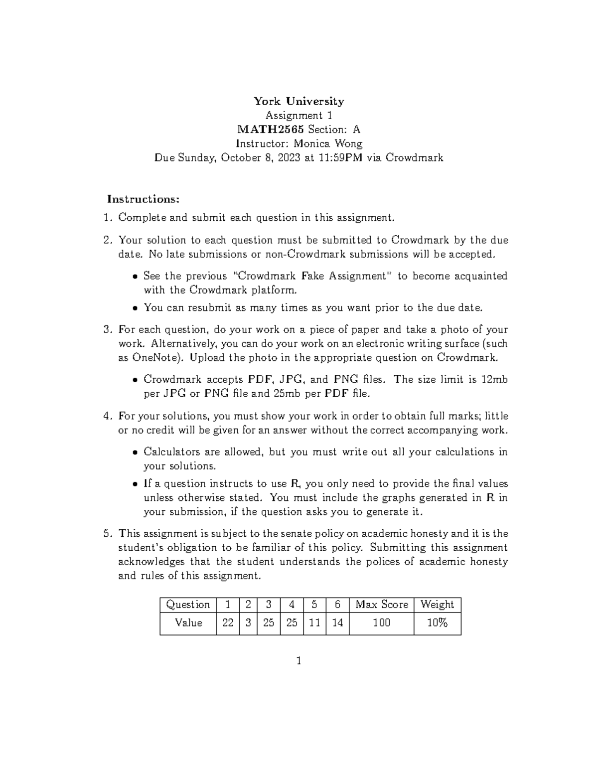 Assignment 1 - York University Assignment 1 MATH2565 Section: A ...