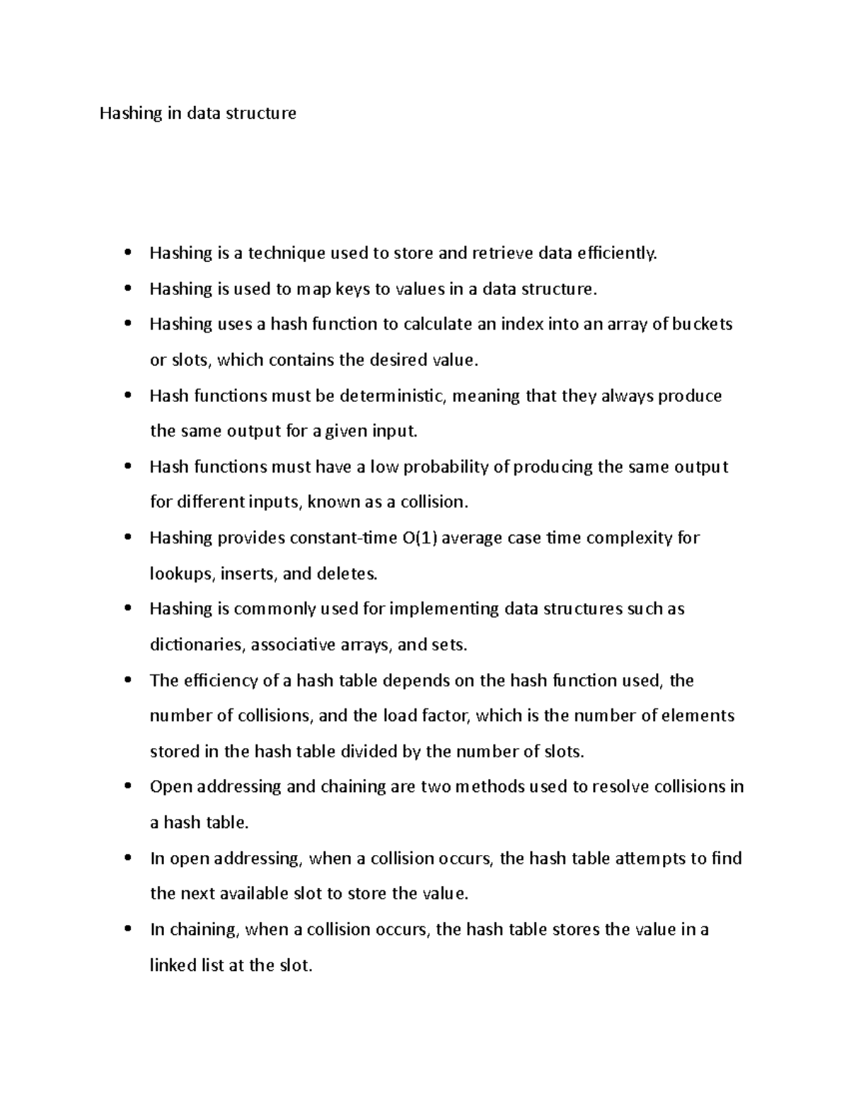 Hashing in data structure - Hashing is used to map keys to values in a ...