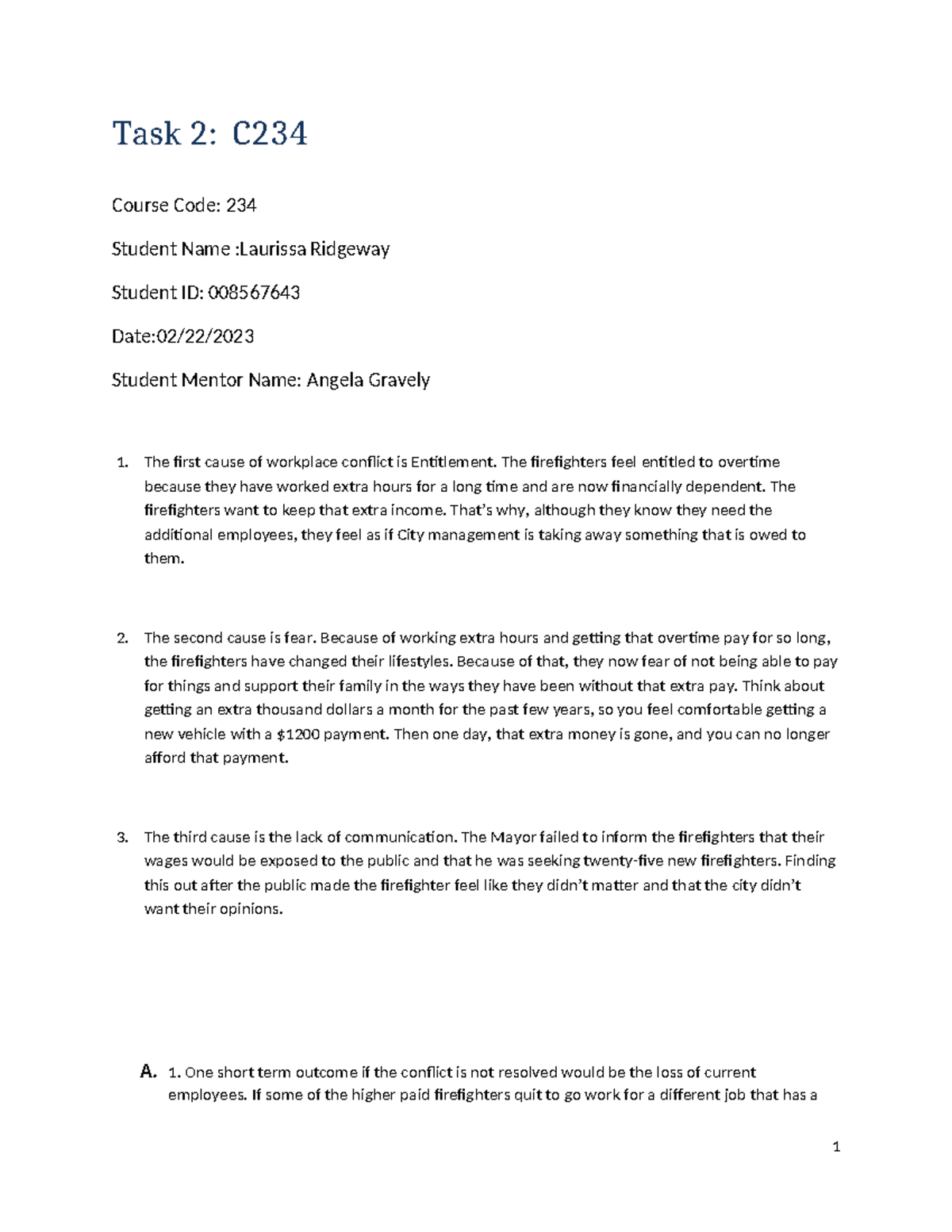 Workfoce planning task 2 complete - Task 2: C Course Code: 234 Student ...