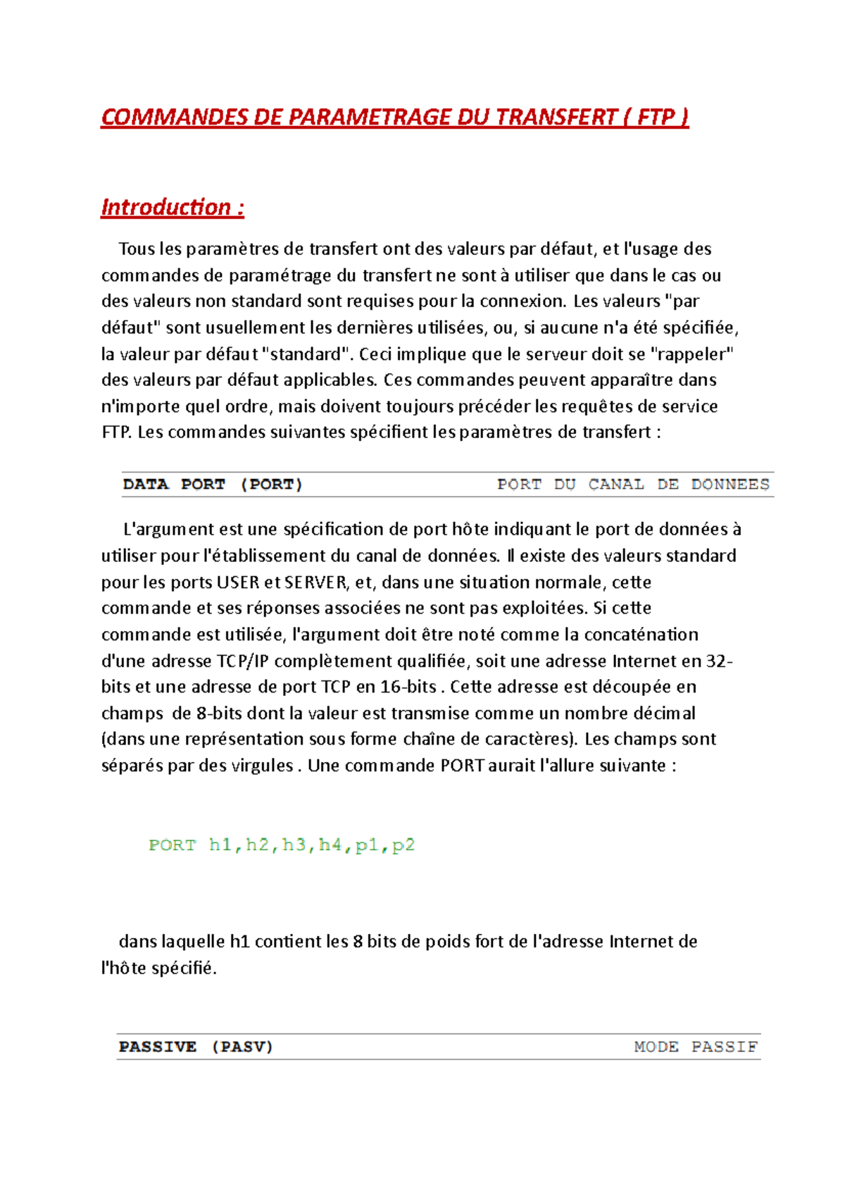 Commandes DE Parametrage DU Transfert ( FTP ) - COMMANDES DE ...