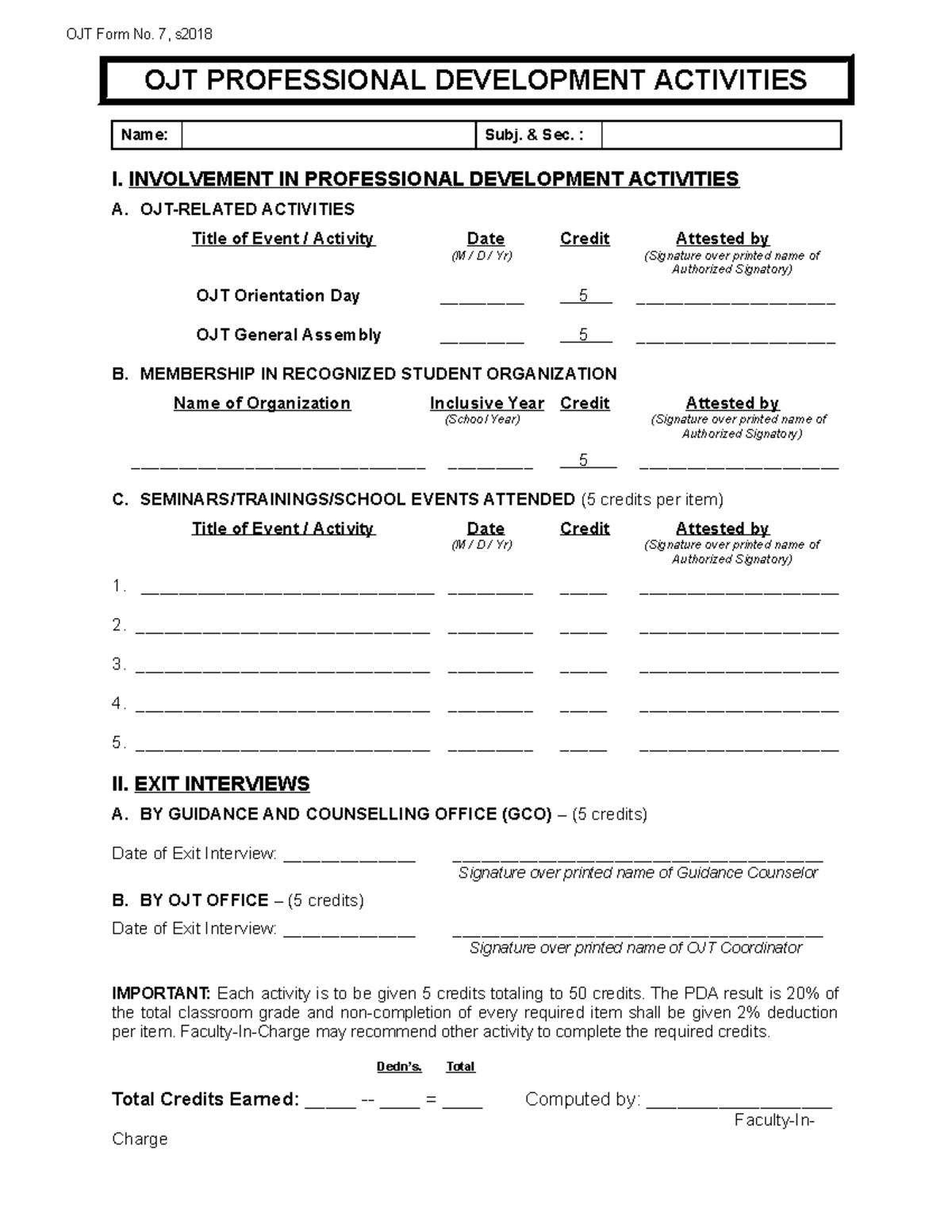 OJT FORM 7 s2018 - University of the East - OJT PROFESSIONAL ...