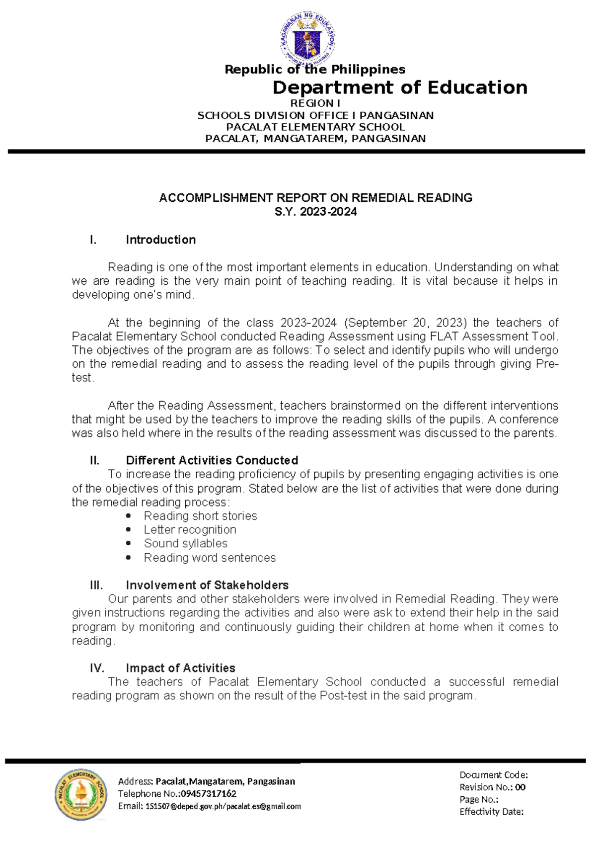 Reading Remediation Accomplishment Report - Department of Education ...