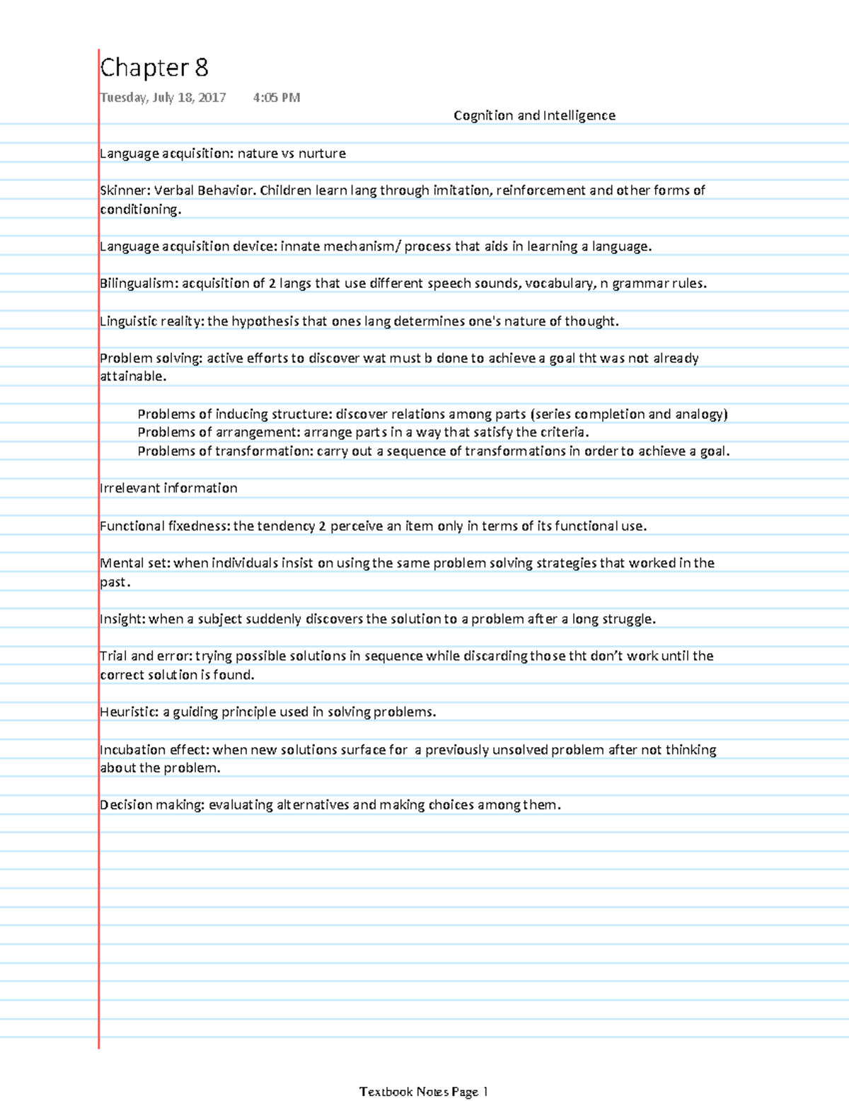 Chapter 8 definitions - Cognition and Intelligence - Cognition and ...