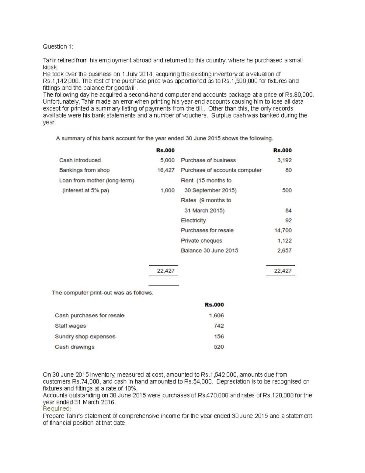 Practice questions incomplete records - Question 1: Tahir retired from ...
