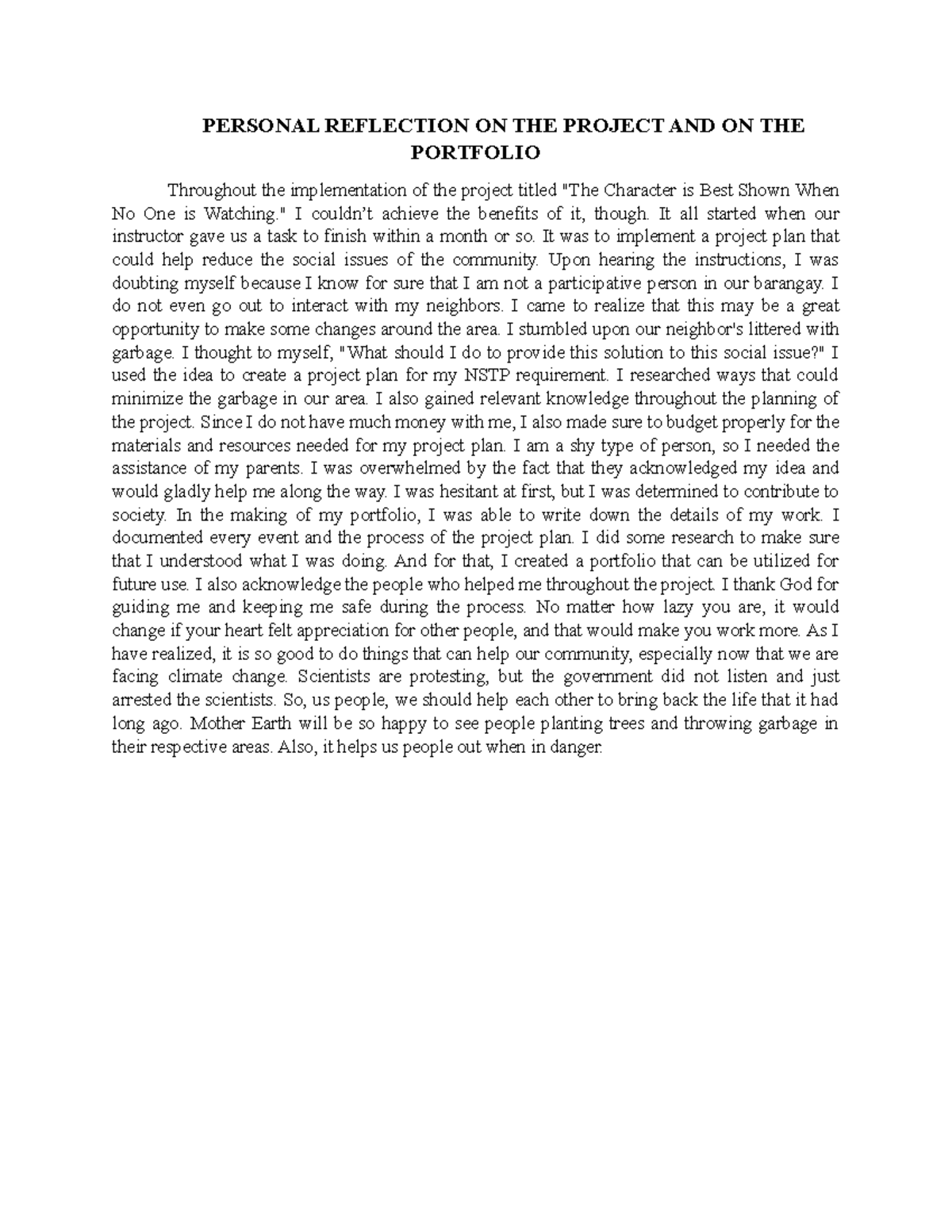 Personal Reflection - PERSONAL REFLECTION ON THE PROJECT AND ON THE ...