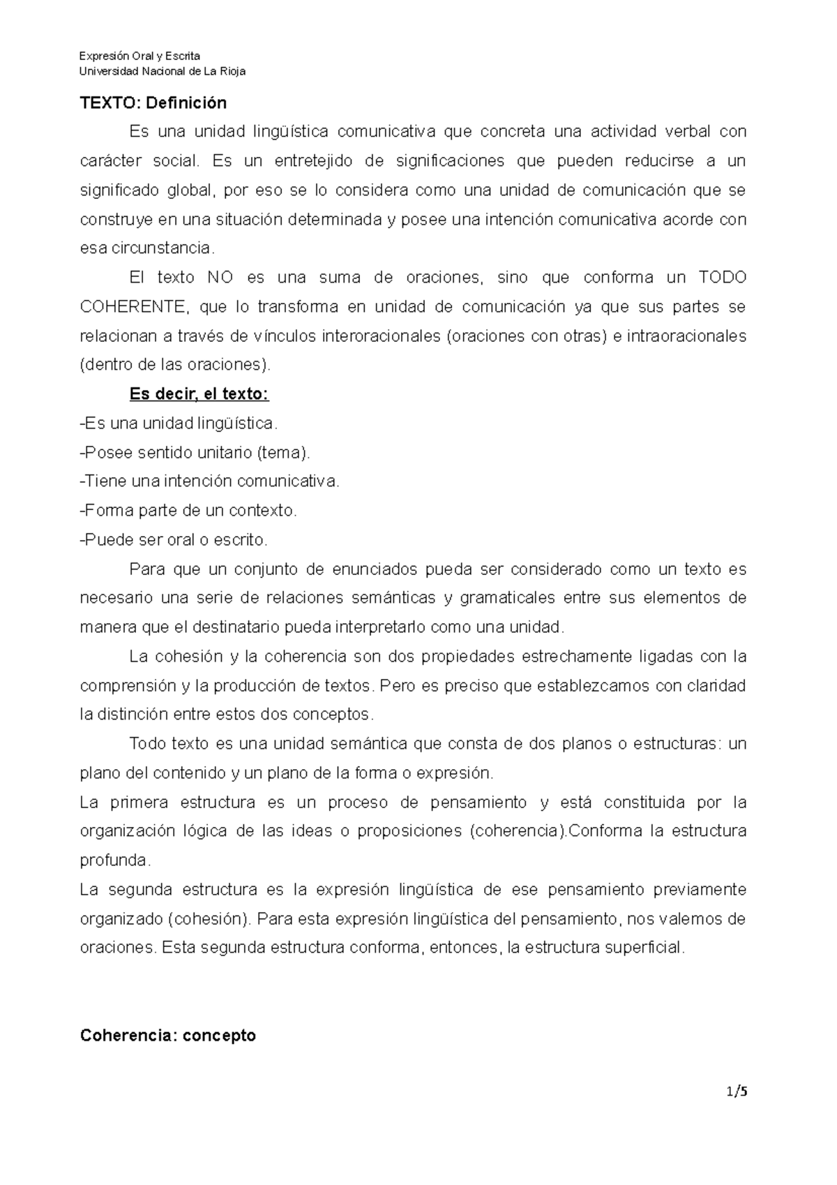 Texto, coherencia y cohesión - TEXTO: Definición Es una unidad ...