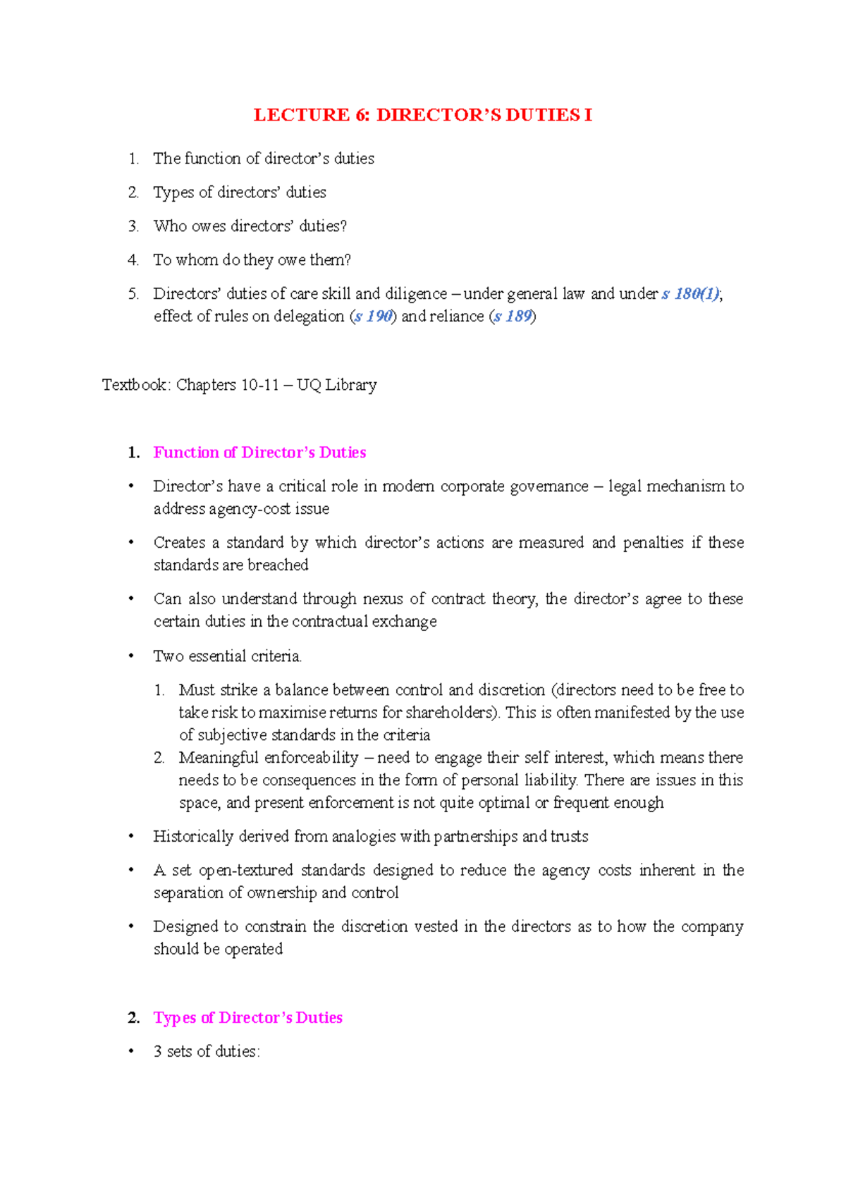 Lecture 6-8 Director's Duties - LECTURE 6: DIRECTOR’S DUTIES I The ...