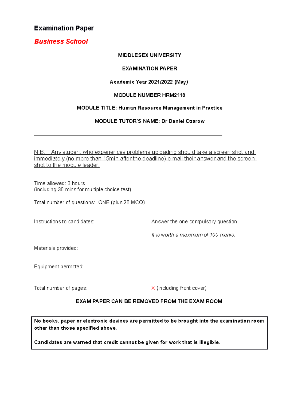 HRM Exam Paper 2077197 1577172259 - Examination Paper Business School ...