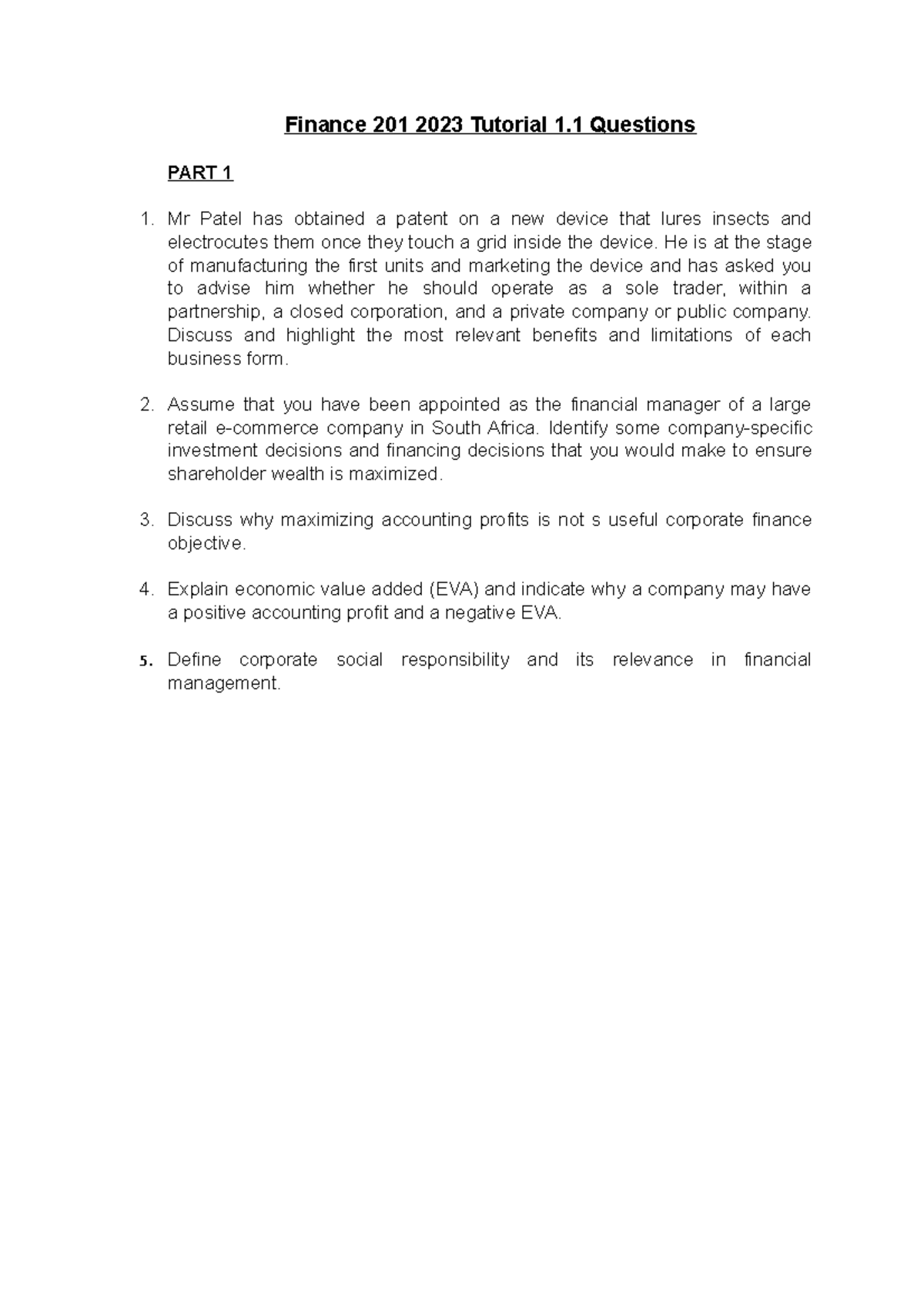 Tutorial 11 Part 1 Use It To Practice Finance 201 2023 Tutorial 1 Questions Part 1 Mr Patel 
