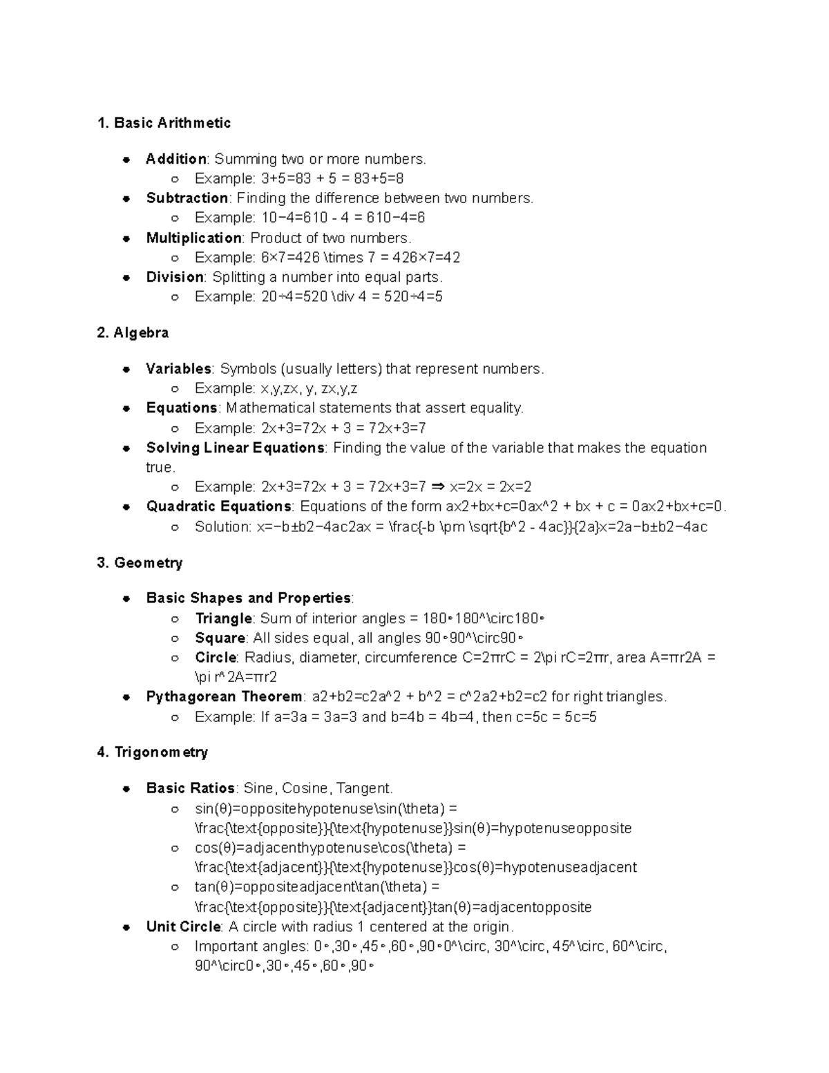 Math notes Arithmetic, Algebra ETC ETC - Basic Arithmetic Addition ...