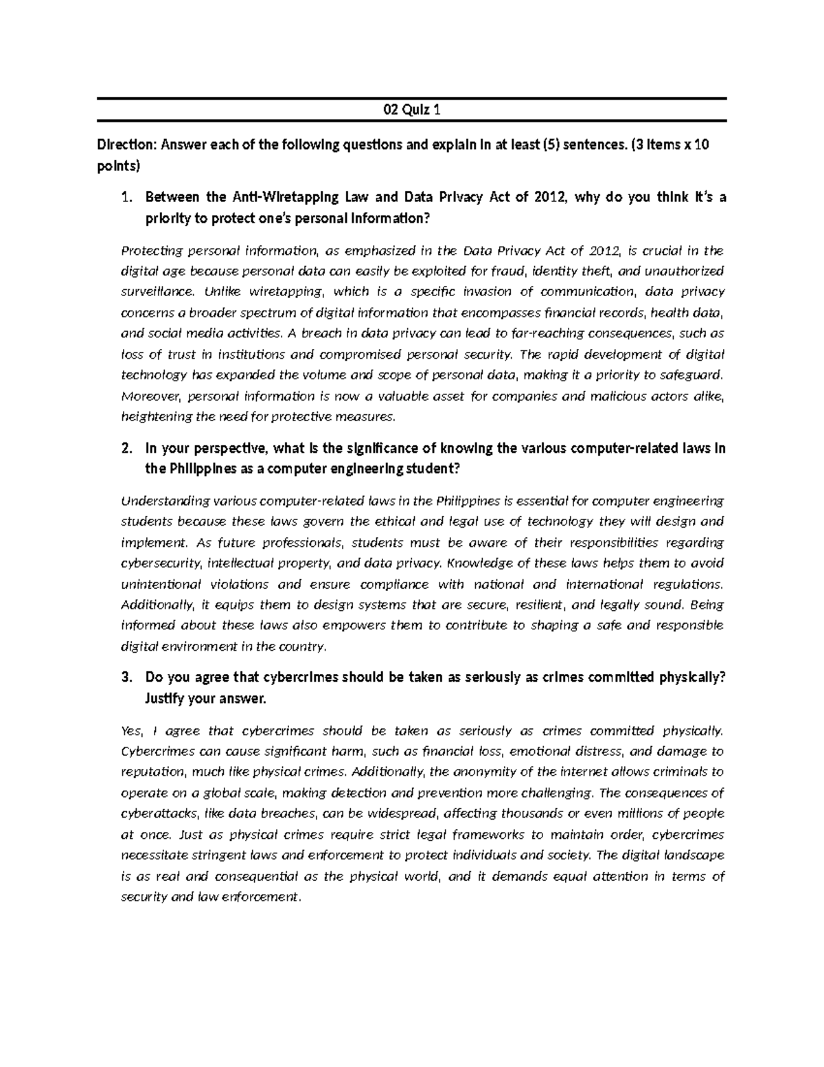 02 Quiz 1 - CpE Laws and Professional Practice - SY2425-1T - 02 Quiz 1 ...