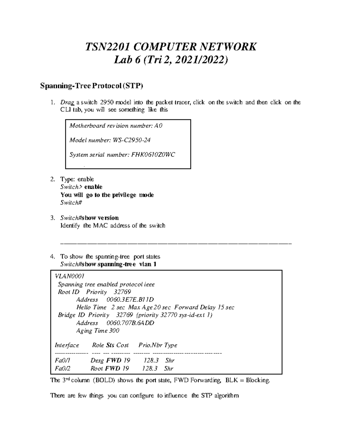 383966 TSN2201-Lab6-Packet Tracker-21 - TSN2201 COMPUTER NETWORK Lab 6 (Tri 2, 2021/2022) - Studocu