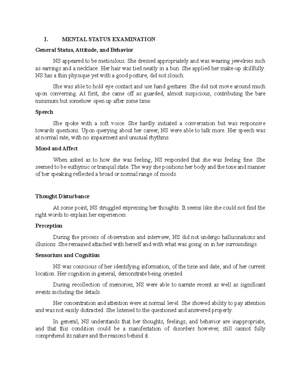 Sample Mental Status Examination - I. MENTAL STATUS EXAMINATION General ...