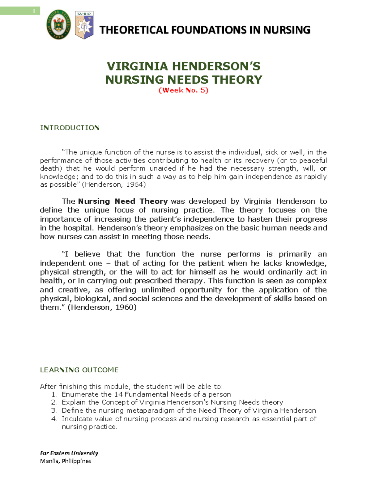 Virginia Henderson - Far Eastern University THEORETICAL FOUNDATIONS IN ...