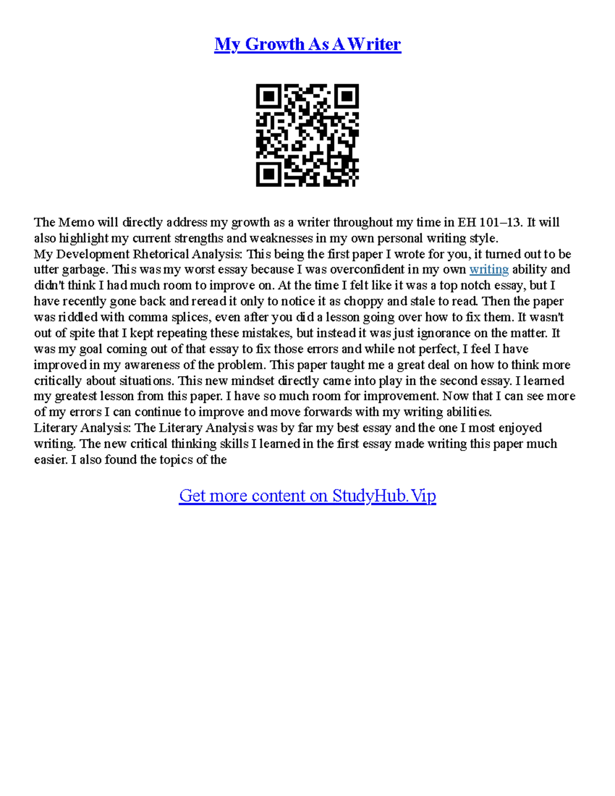 Who Can Write My Essay - My Growth As A Writer The Memo will directly ...