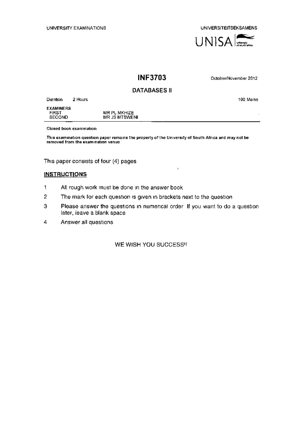 INF3703 2012 10 E 1 - Previous exam - COS 2626 - Studocu