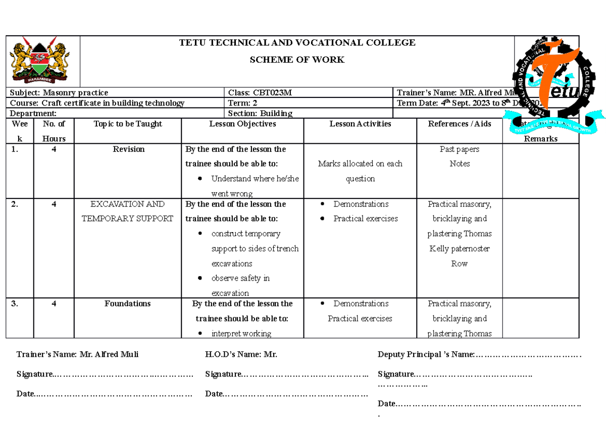Schemes of work for masonry practice - TETU TECHNICAL AND VOCATIONAL ...