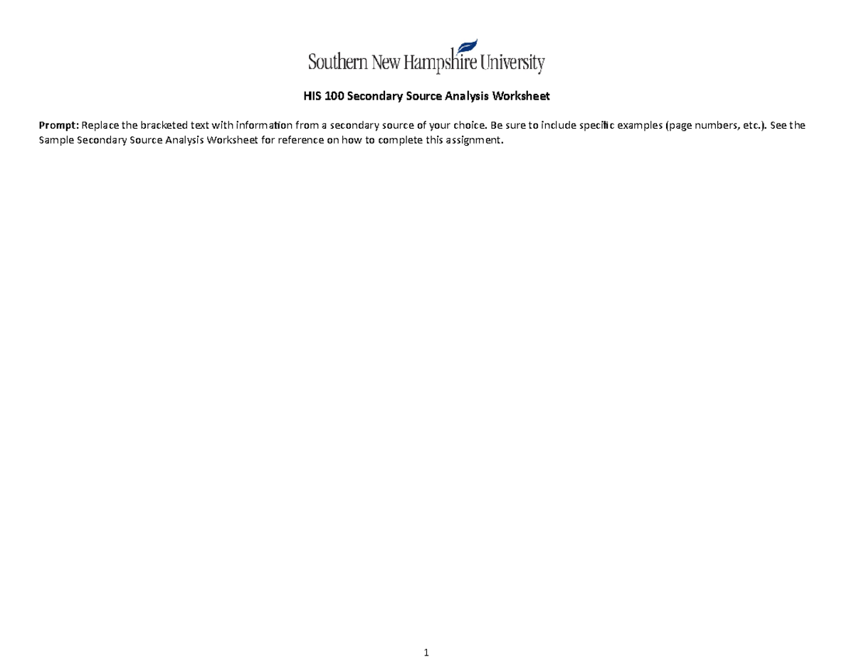 Secondary Source Analysis Worksheet - Be sure to include specific ...