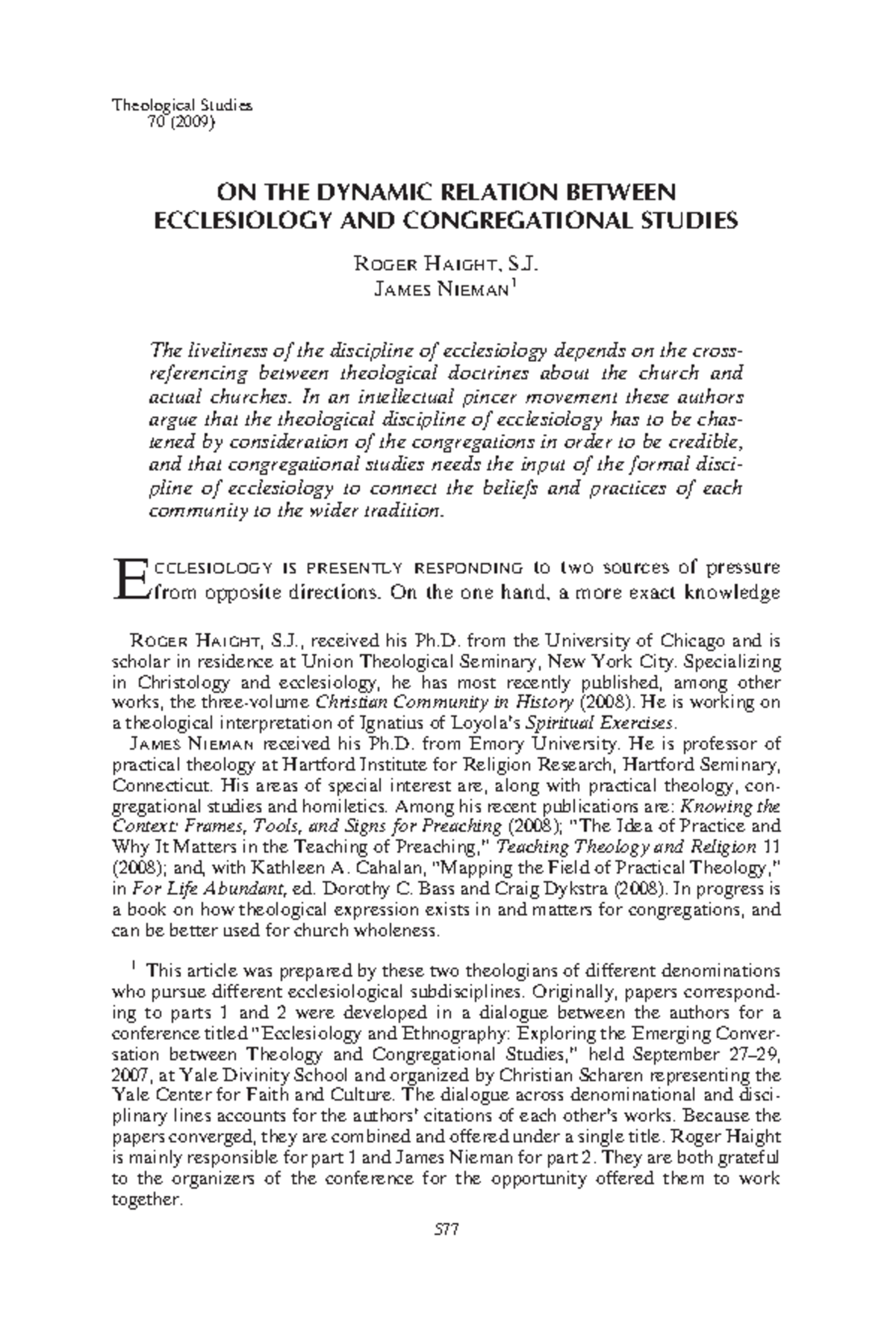 ON THE Dynamic Relation Between-1 - ON THE DYNAMIC RELATION BETWEEN ECCLESIOLOGY AND ...
