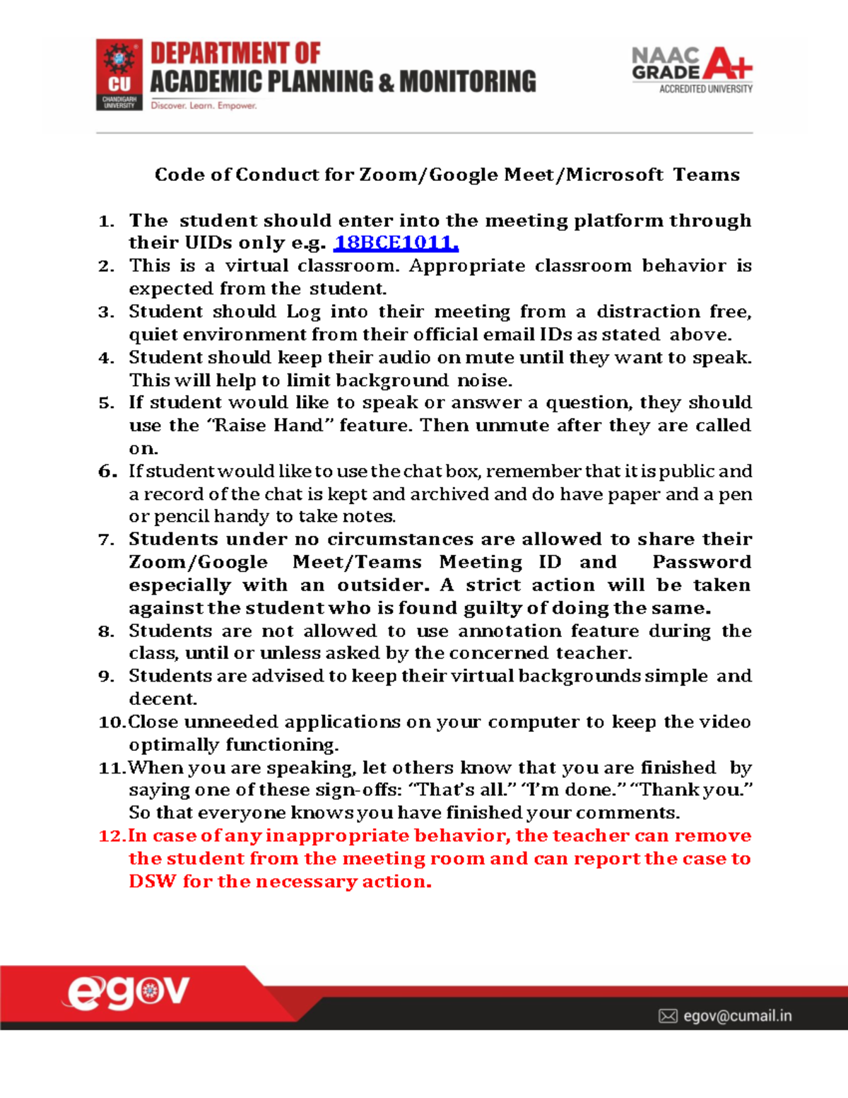 19774 Attachment 2 Code of Conduct for Students - Code of Conduct for ...