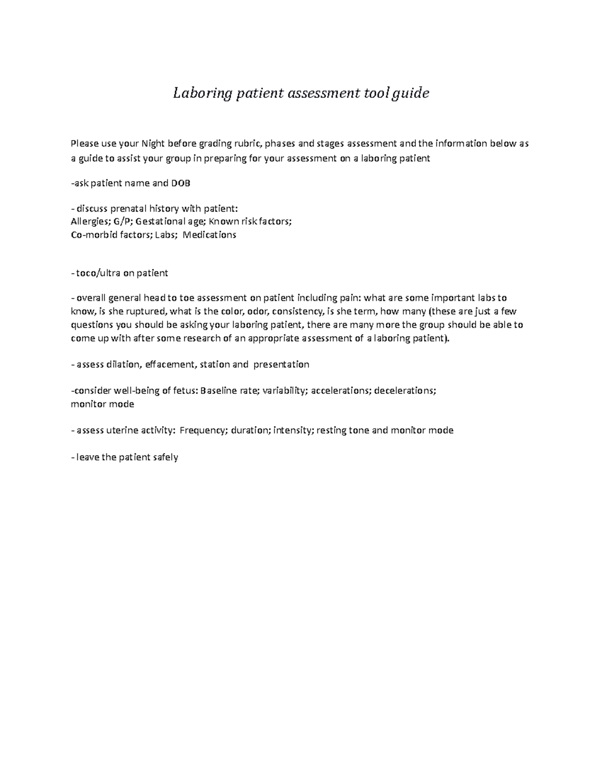 Tool for students labor assessment-1 - Laboring patient assessment tool ...