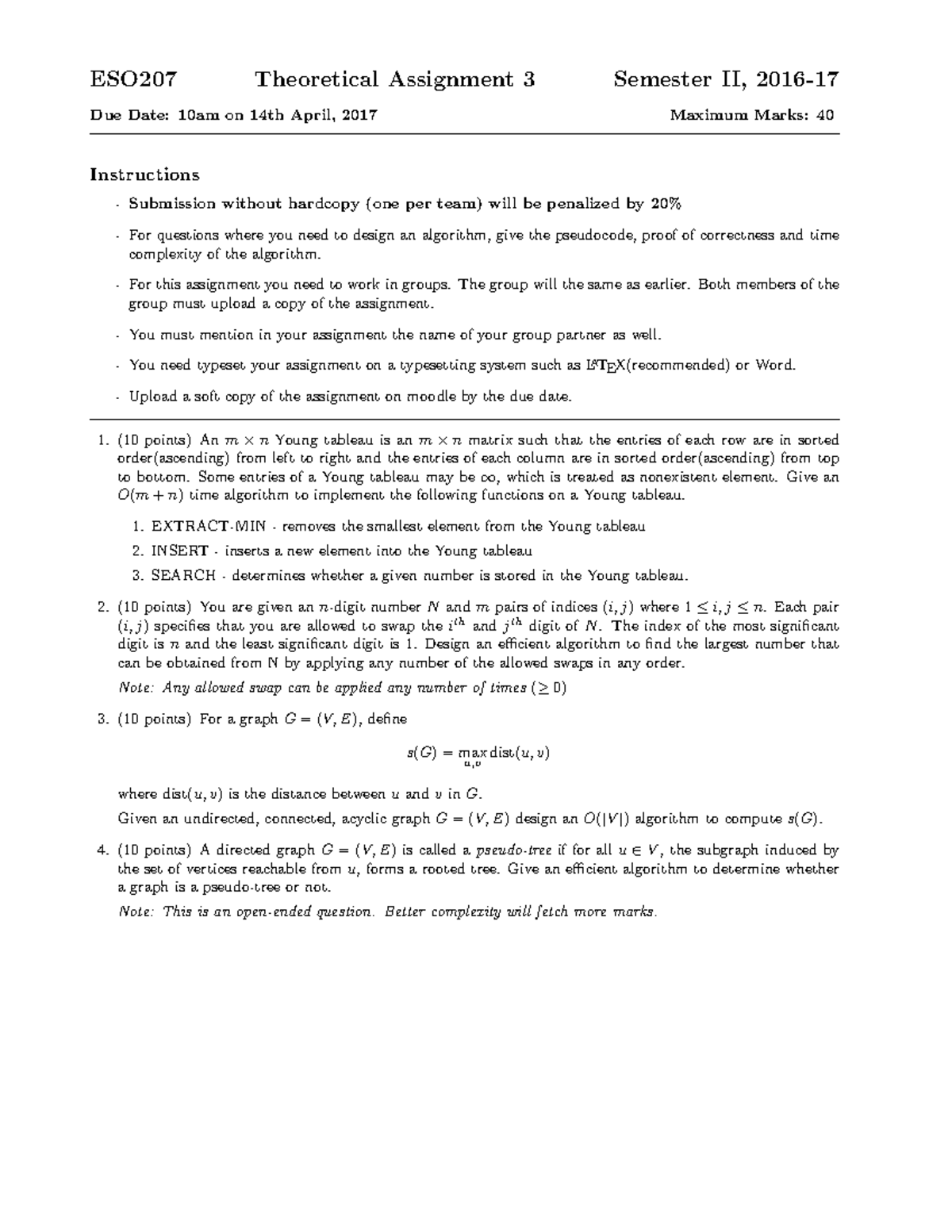 Main - Theoretical Assignment 3 - ESO207 Theoretical Assignment 3 Semester II, 2016- Due Date ...