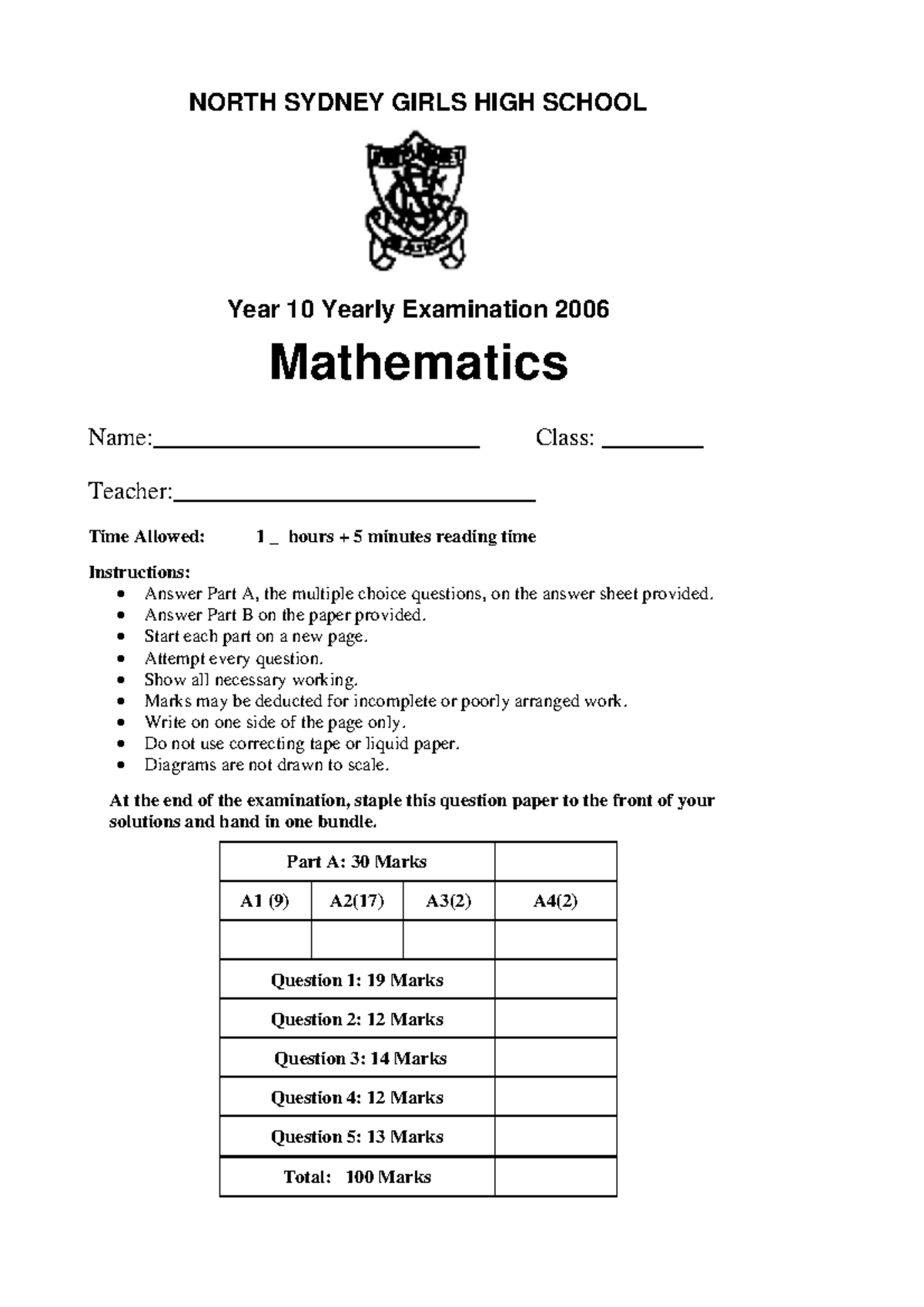 North Sydney Girls 2006 Year 10 Maths Yearly & Solutions - NORTH SYDNEY ...