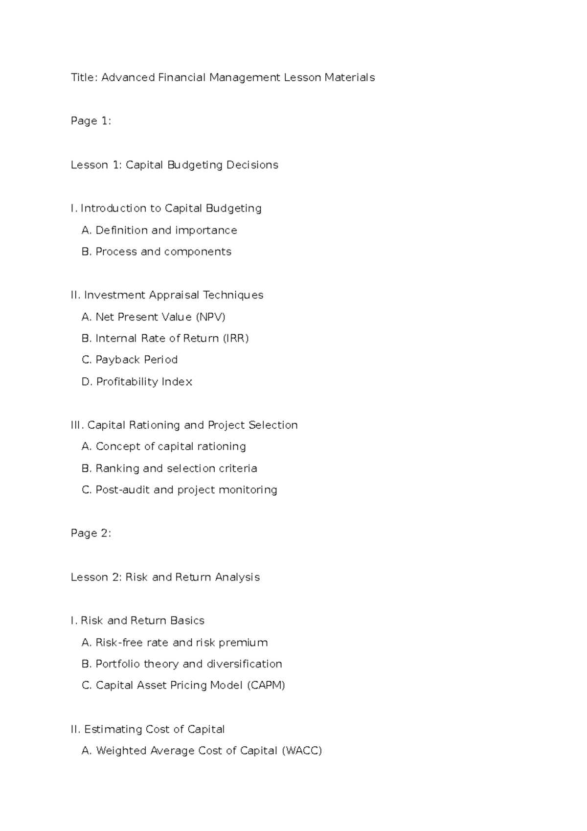 Advanced Financial Management - Introduction to Capital Budgeting A ...