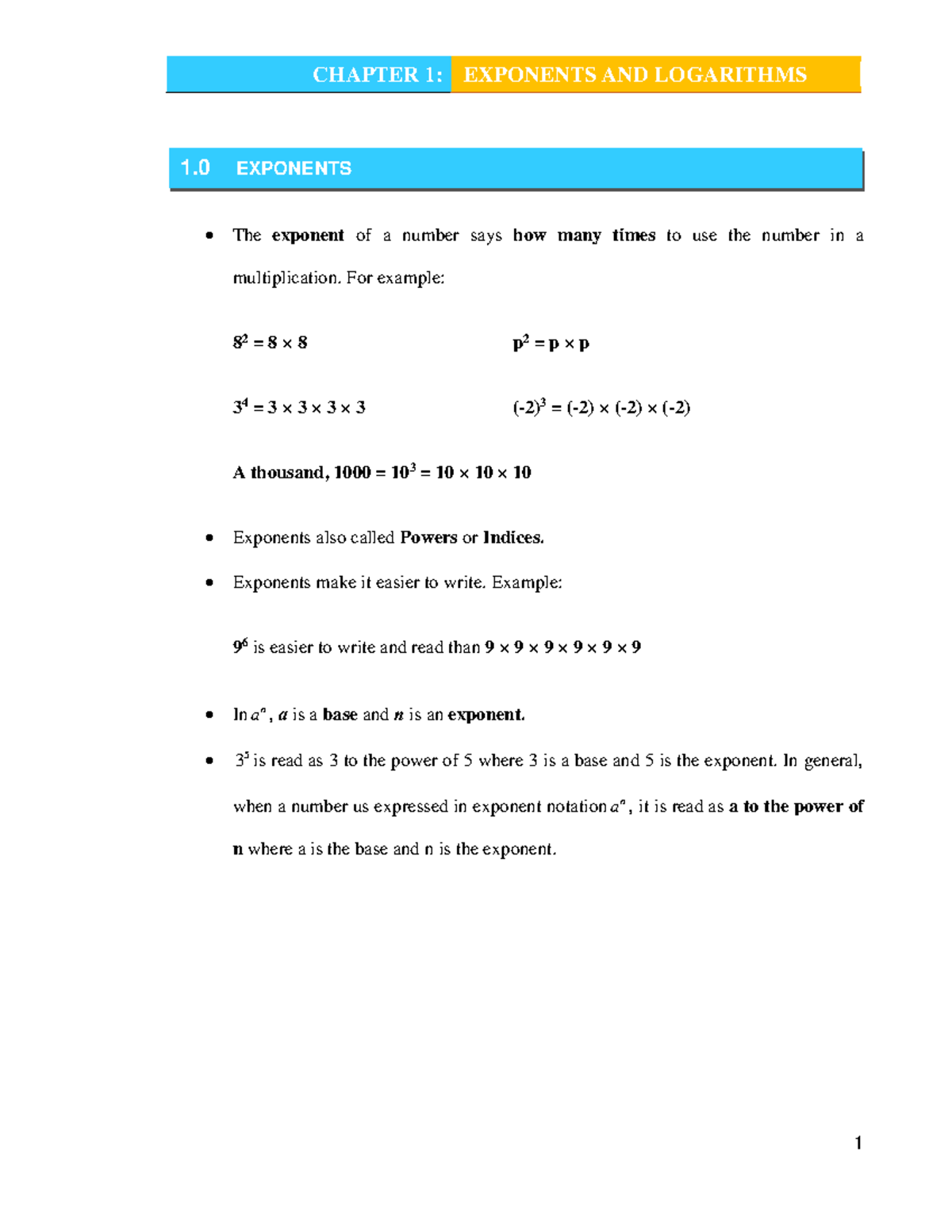 CHAP 1 Exponents AND Logarithms - The exponent of a number says how many times to use the number ...