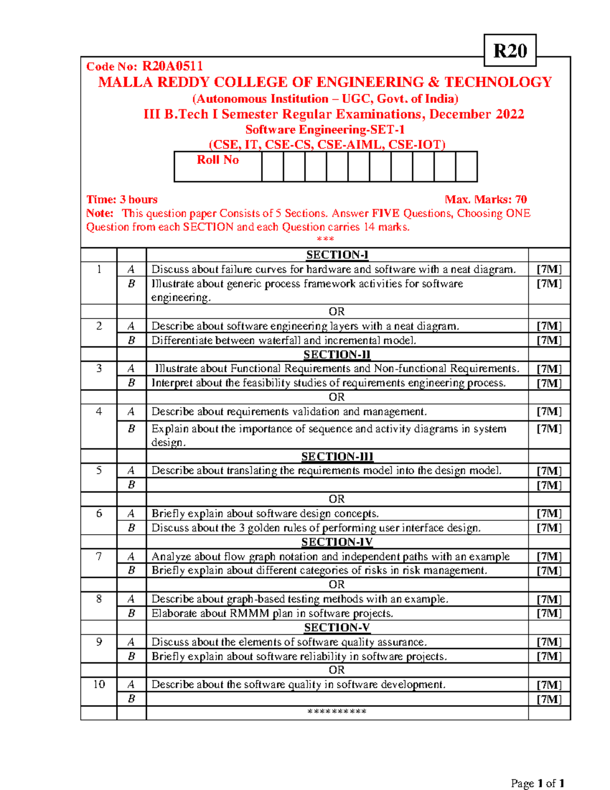Software Engineering-1 - Code No: R20A MALLA REDDY COLLEGE OF ENGINEERING & TECHNOLOGY - Studocu