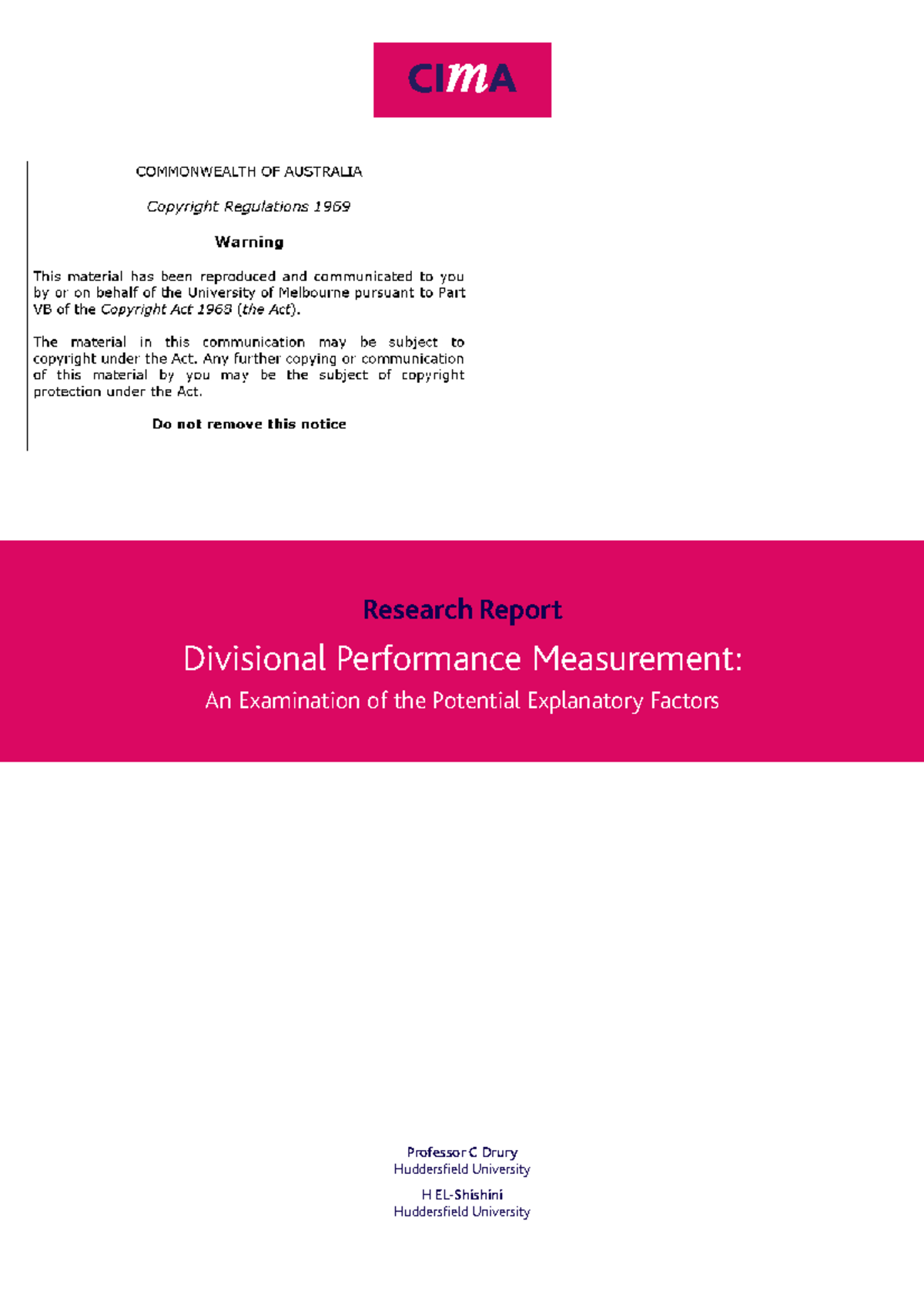CIMA Report divisional performance measurement - Divisional Performance ...