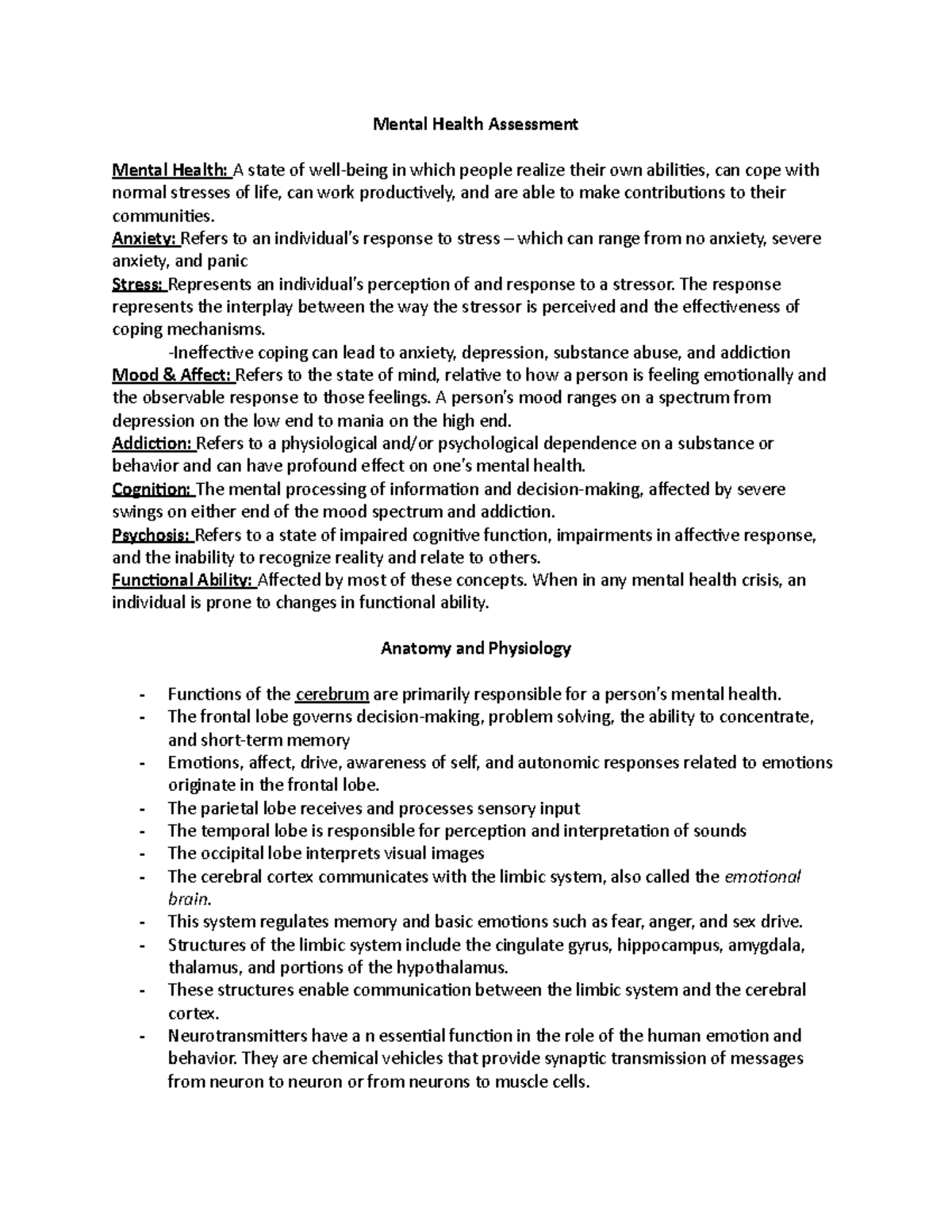 Mental Health Assessment - Study Guide - Mental Health Assessment ...