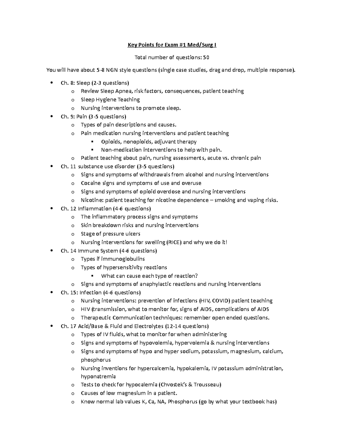 Key Points for Exam 1 Medical Surgical Nursing 1 - Key Points for Exam ...