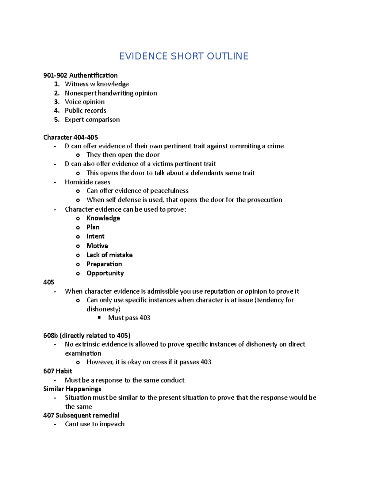 Evidence Short Outline - EVIDENCE SHORT OUTLINE 901-902 ...